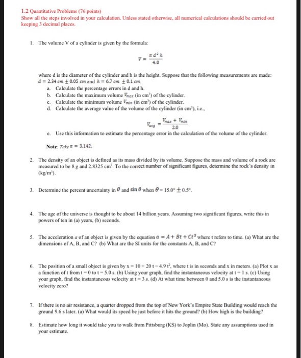 Solved 1.2 Quantitative Problems (76 points) Show all the | Chegg.com