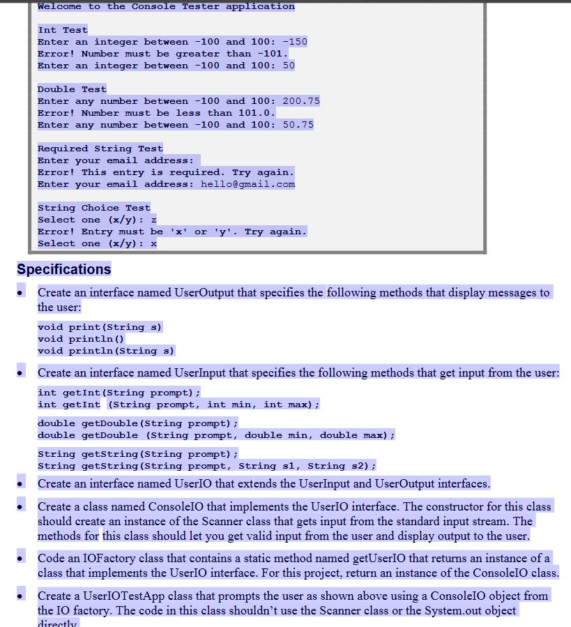 Solved Welcome to the Console Tester application Int Test | Chegg.com