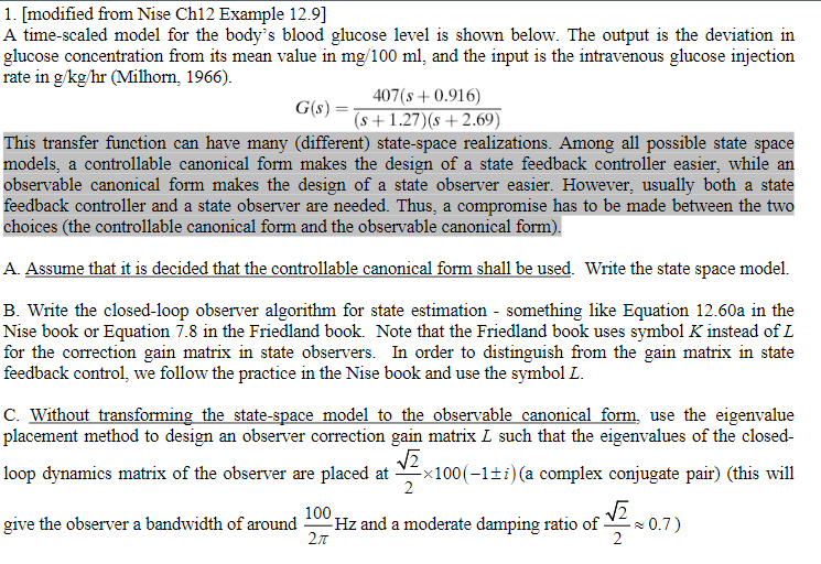Solved 1. [modified from Nise Ch12 Example 12.9] A | Chegg.com
