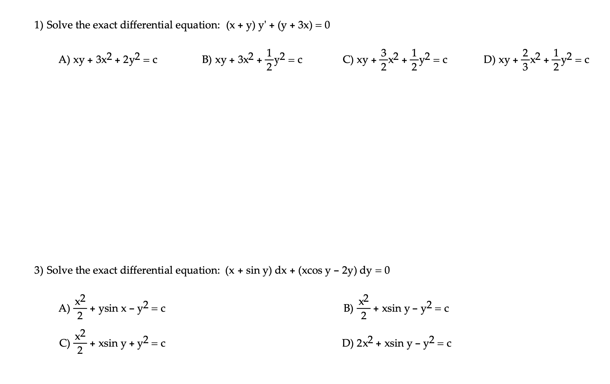 Solved 1) Solve the exact differential equation: | Chegg.com