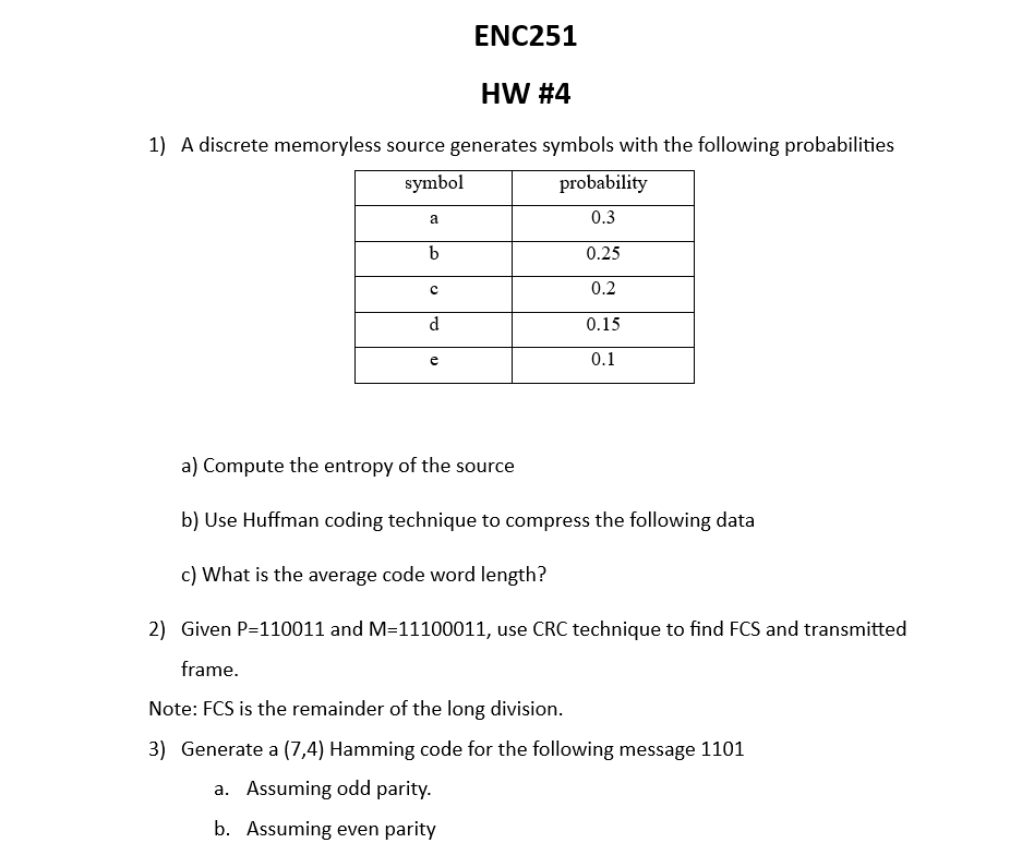 Solved ENC251 HW #4 1) A discrete memoryless source | Chegg.com