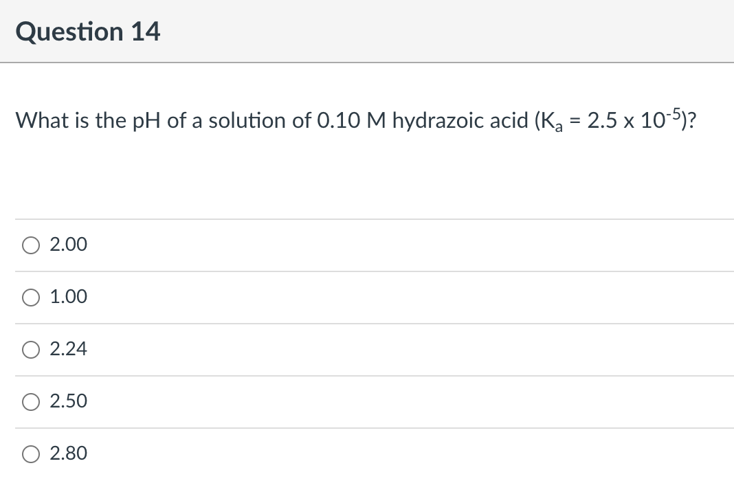 Solved What is the pH of a solution of 0.10M hydrazoic acid | Chegg.com