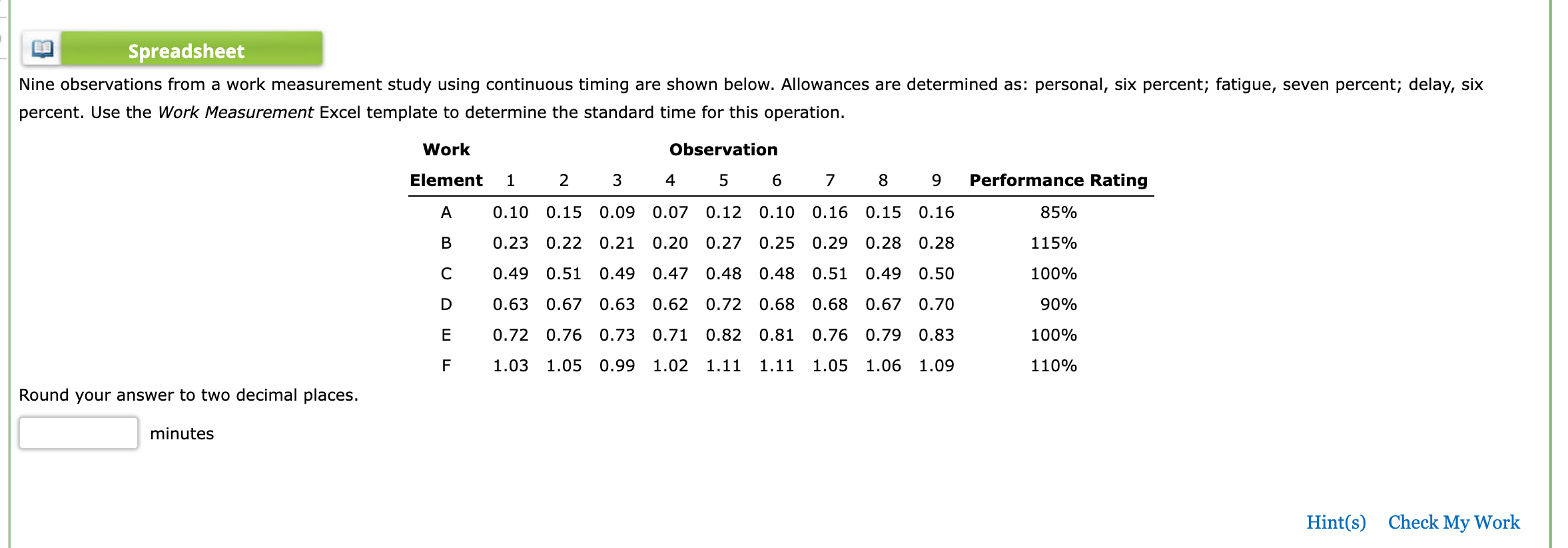 Solved Nine observations from a work measurement study using | Chegg.com