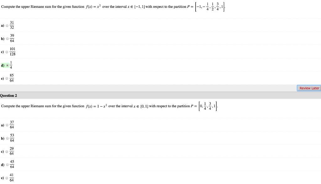 Solved Compute the upper Riemann sum for the given function | Chegg.com