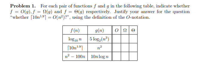 Solved Problem 1. For each pair of functions f and g in the | Chegg.com