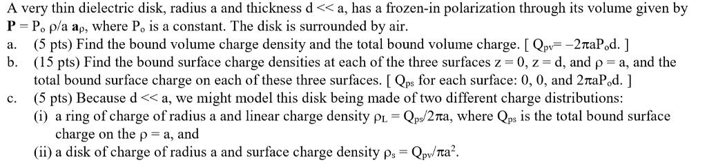 Solved A very thin dielectric disk, radius a and thickness d | Chegg.com
