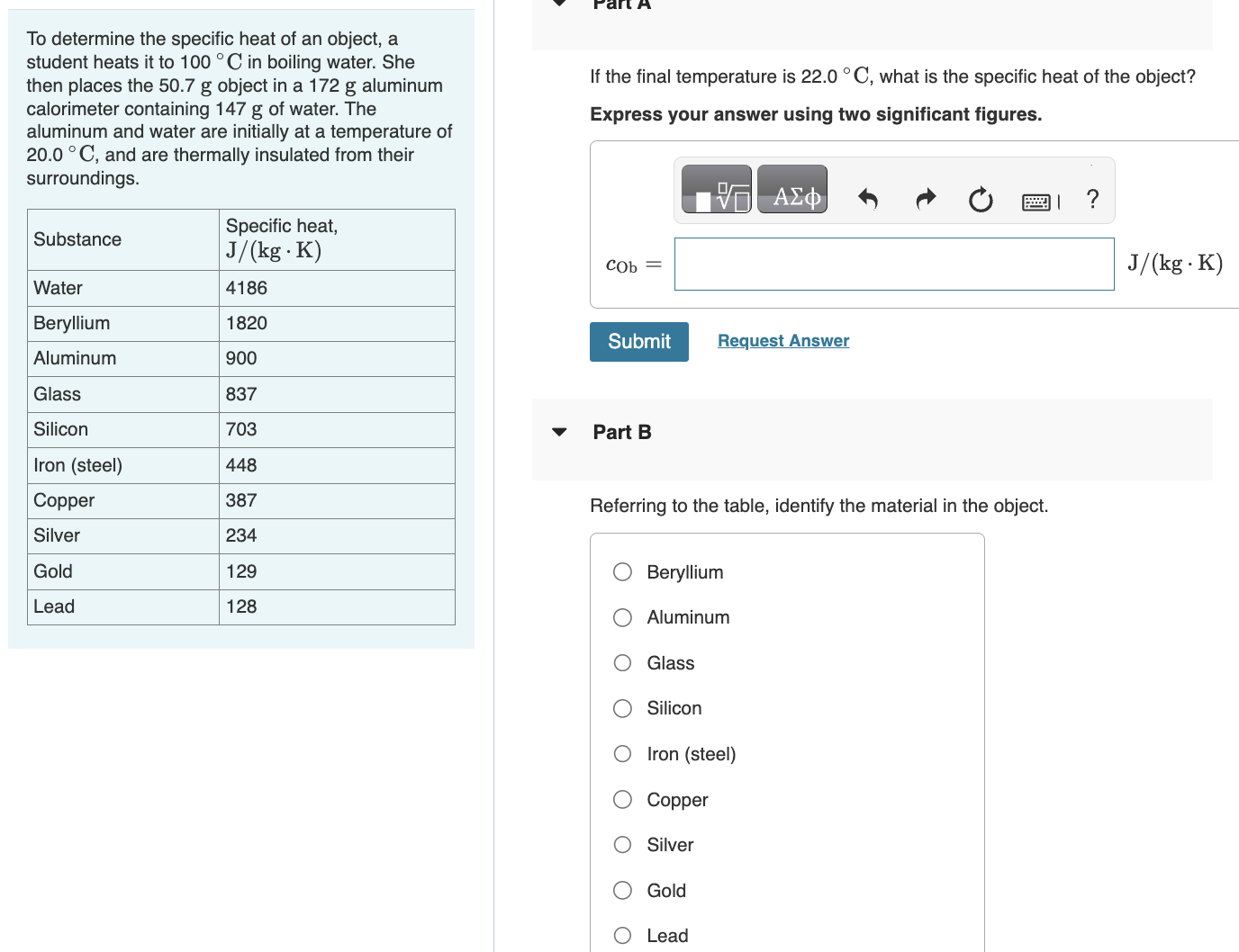Solved To determine the specific heat of an object, astudent | Chegg.com