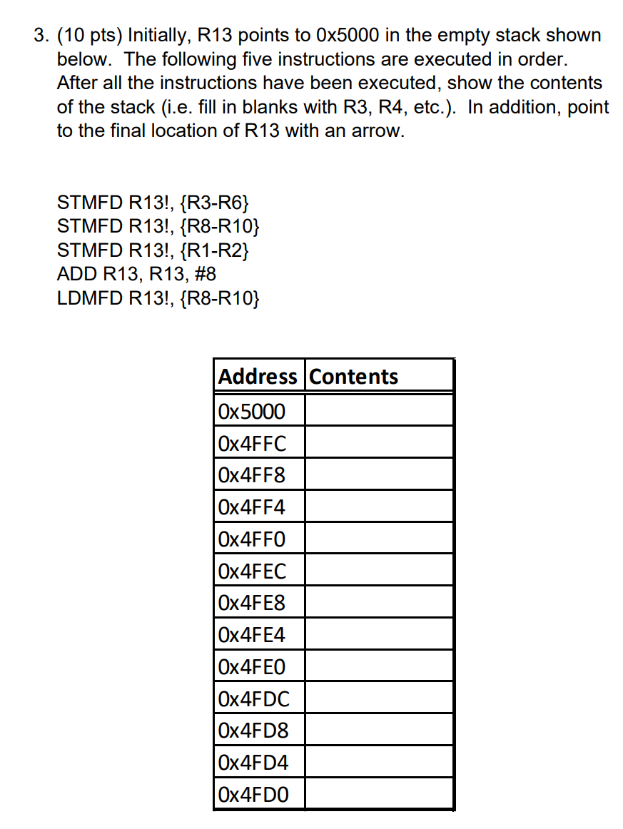 Solved 3. (10 pts) Initially, R13 points to Ox5000 in the | Chegg.com