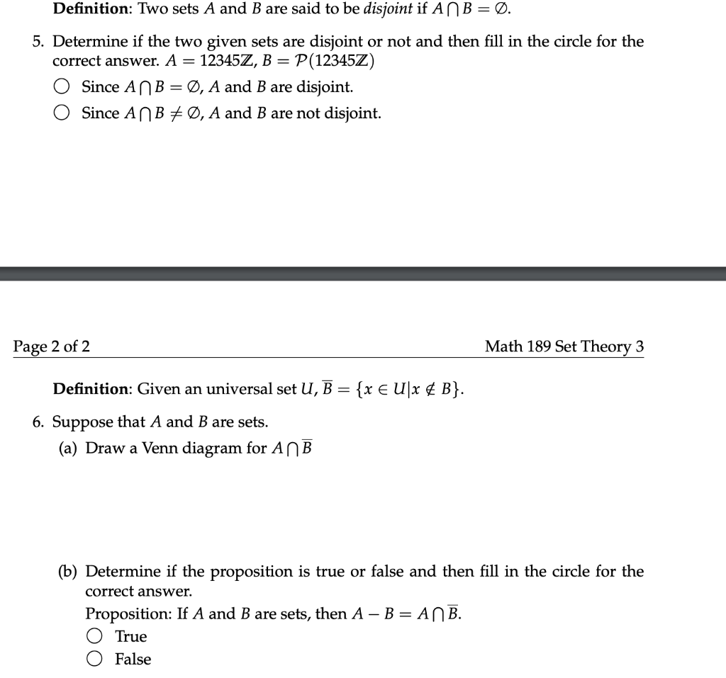 Solved Definition: Two sets A and B are said to be disjoint | Chegg.com