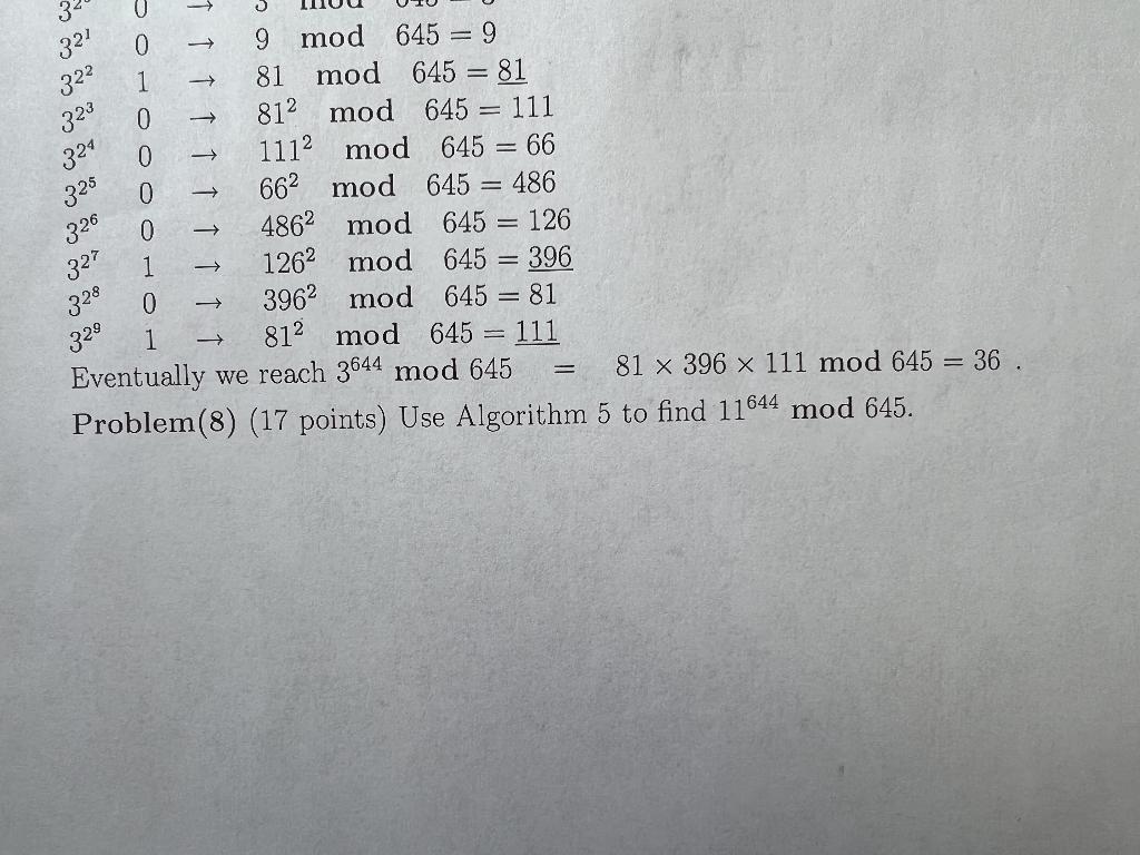 Solved 3210→9mod645=9 3221→81 mod 645=81 3230→812mod645=111 | Chegg.com