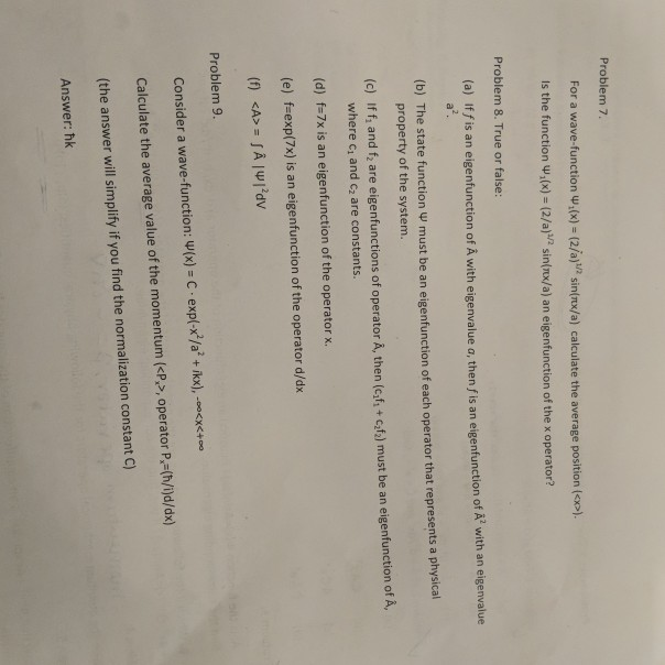 Solved Problem 7 For A Wave Function Ψ1 X 2 A N Sin M A