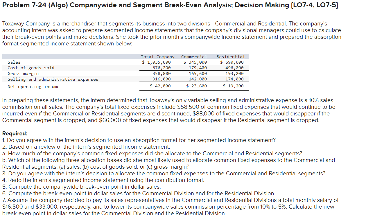 Solved Problem 7-24 (Algo) Companywide and Segment | Chegg.com