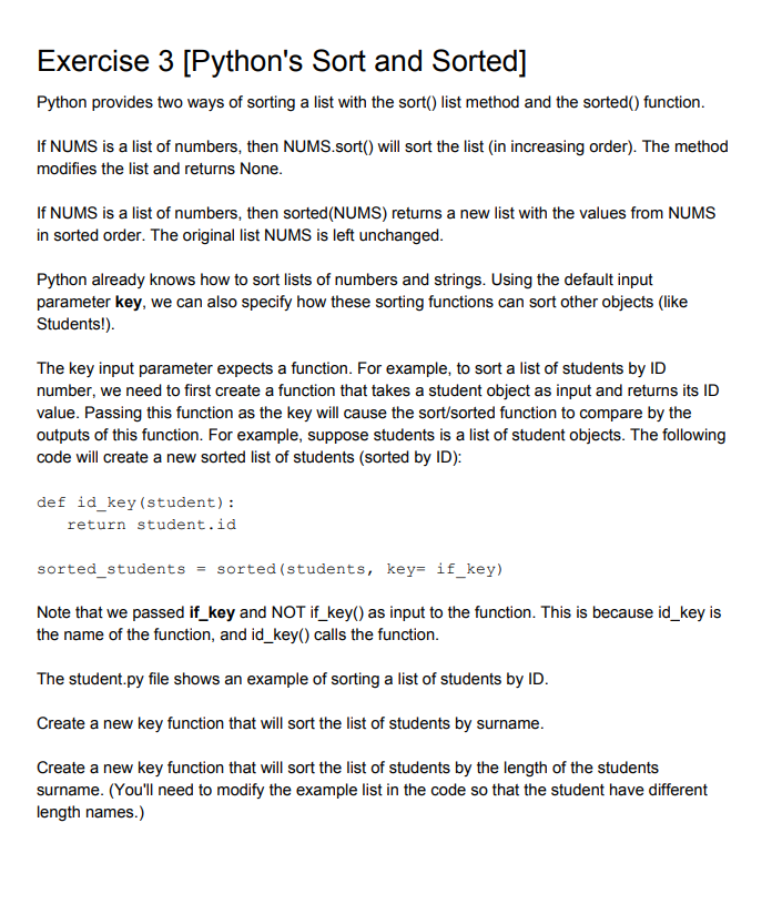 Exercise 1 [Sorting Students] Using the Student class | Chegg.com