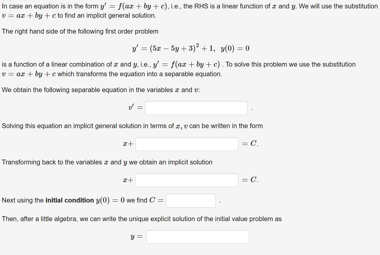 Solved In case an equation is in the form y′=f(ax+by+c), | Chegg.com