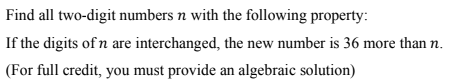 Solved Find all two-digit numbers n with the following | Chegg.com