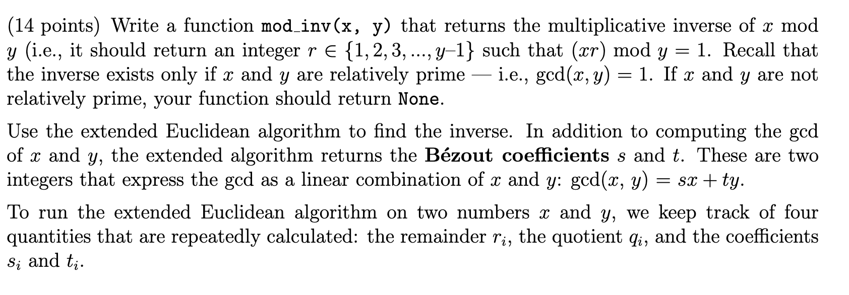 (14 points) Write a function mod_inv(x, y) that | Chegg.com