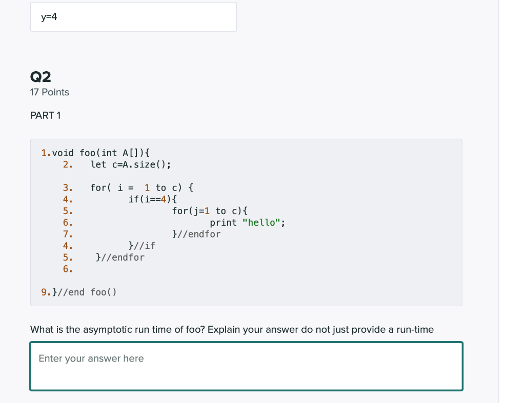 Solved y=4 Q2 17 Points PART 1 1. void foo(int A[]){ 2. let | Chegg.com