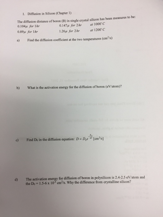 Solved 1. Diffusion in Silicon (Chapter 1) The diffusion | Chegg.com