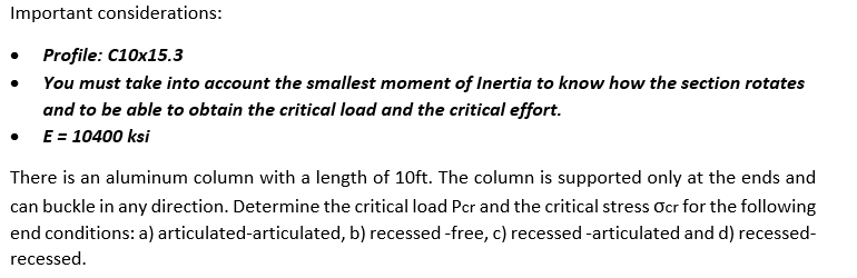 Solved Important considerations: Profile: C10x15.3 You must | Chegg.com