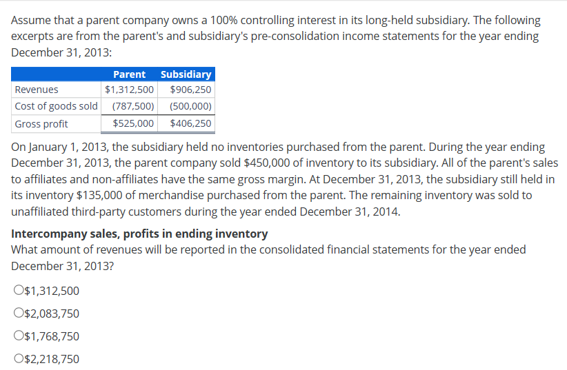 Solved Assume that a parent company owns a 100% controlling | Chegg.com