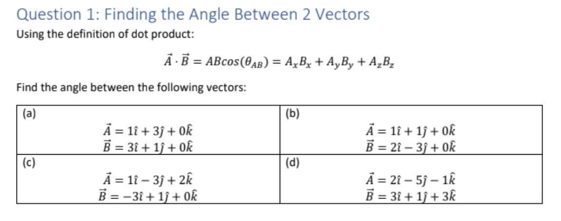 Solved Question 1: Finding the Angle Between 2 Vectors Using | Chegg.com