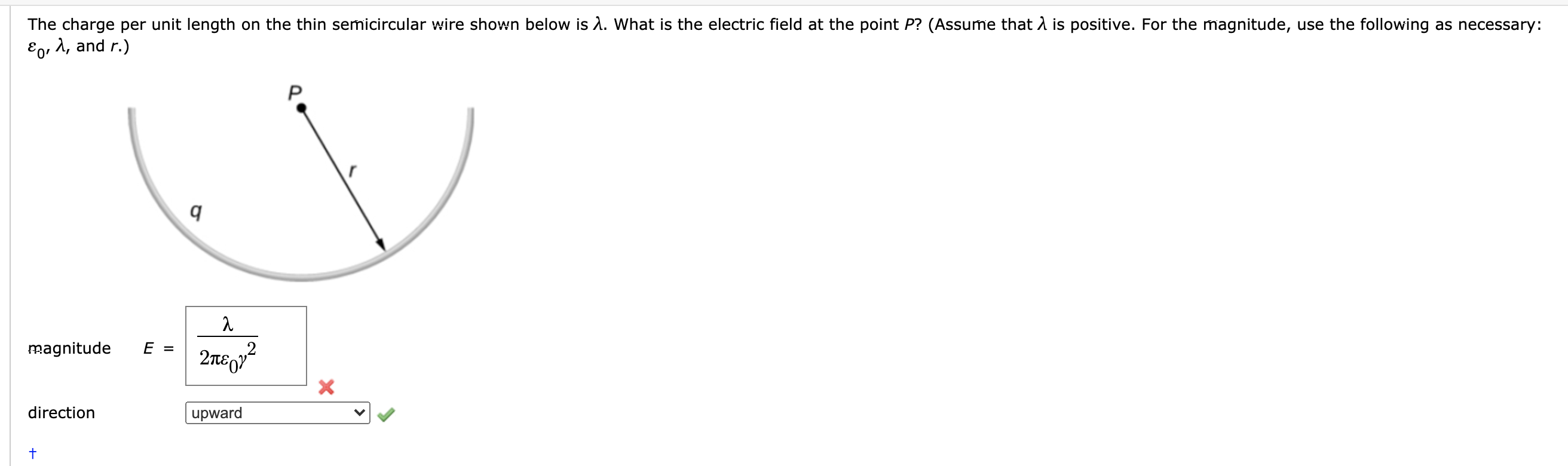 Solved The charge per unit length on the thin semicircular | Chegg.com