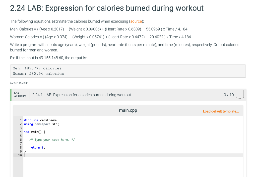 Solved 2.24 LAB: Expression for calories burned during | Chegg.com