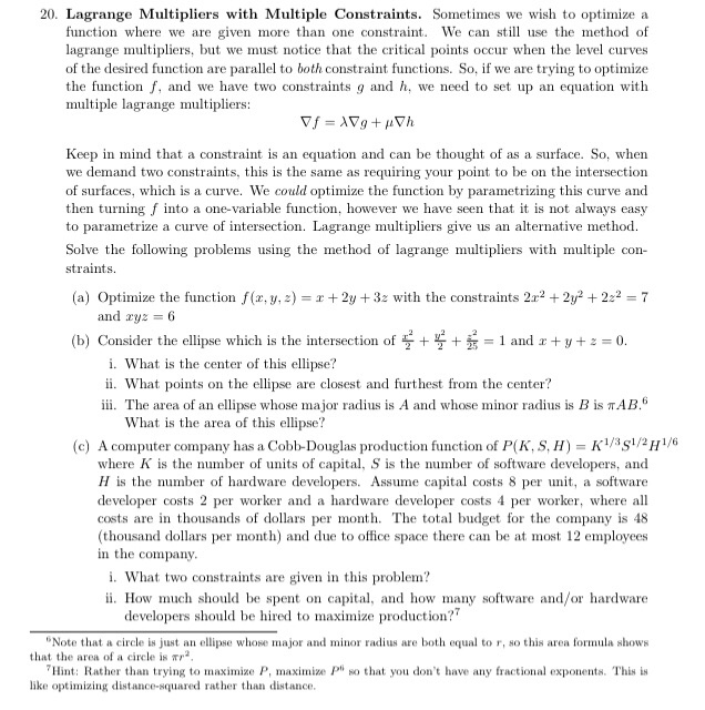 20. Lagrange Multipliers with Multiple Constraints. | Chegg.com