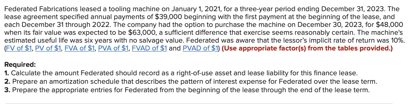 Federated Fabrications leased a tooling machine on | Chegg.com