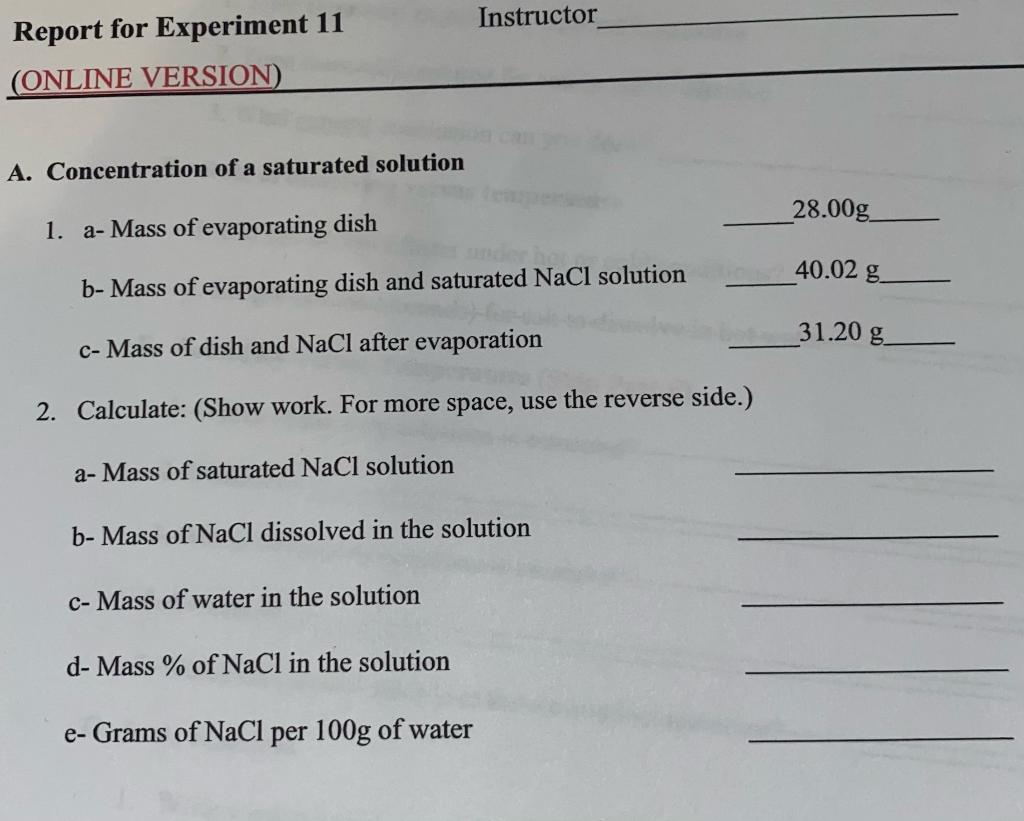 Solved Instructor Report for Experiment 11 (ONLINE VERSION) | Chegg.com
