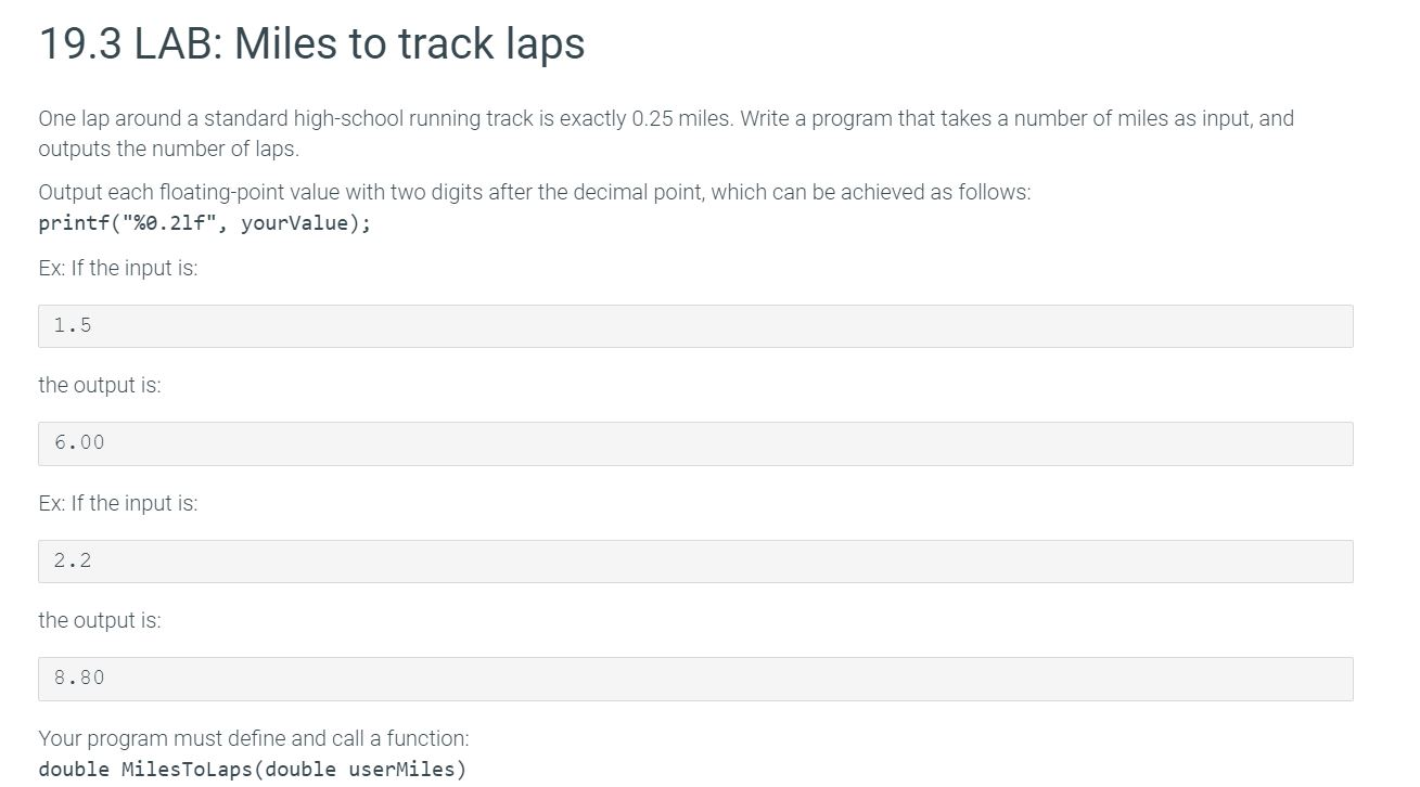 Solved: 19.3 LAB: Miles To Track Laps One Lap Around A Sta... | Chegg.com