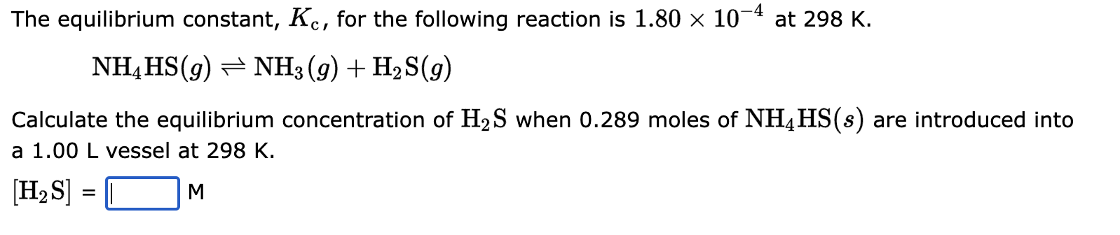 Solved The equilibrium constant, Kc, for the following | Chegg.com
