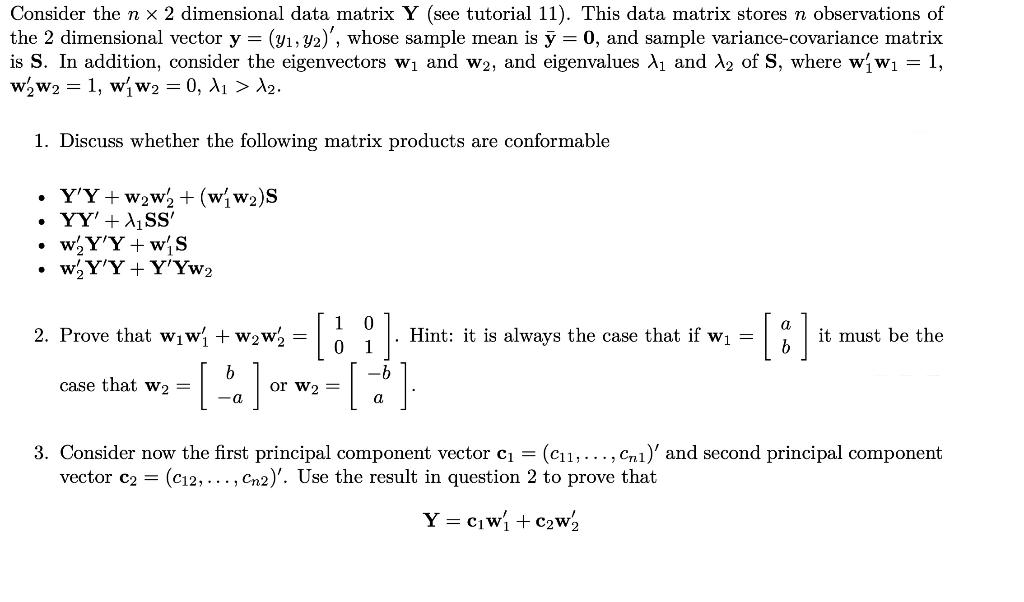 Consider the n×2 dimensional data matrix Y (see | Chegg.com