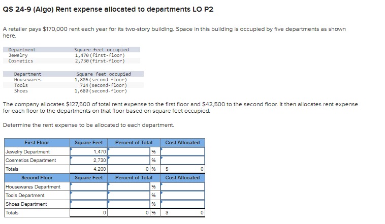 Solved QS 24-9 (Algo) Rent expense allocated to departments | Chegg.com