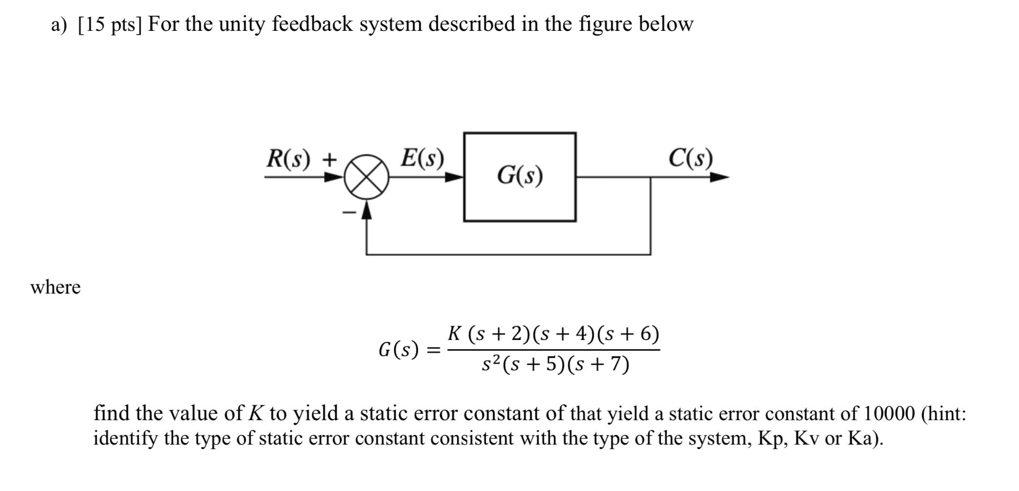 Solved a) [15 pts] For the unity feedback system described | Chegg.com