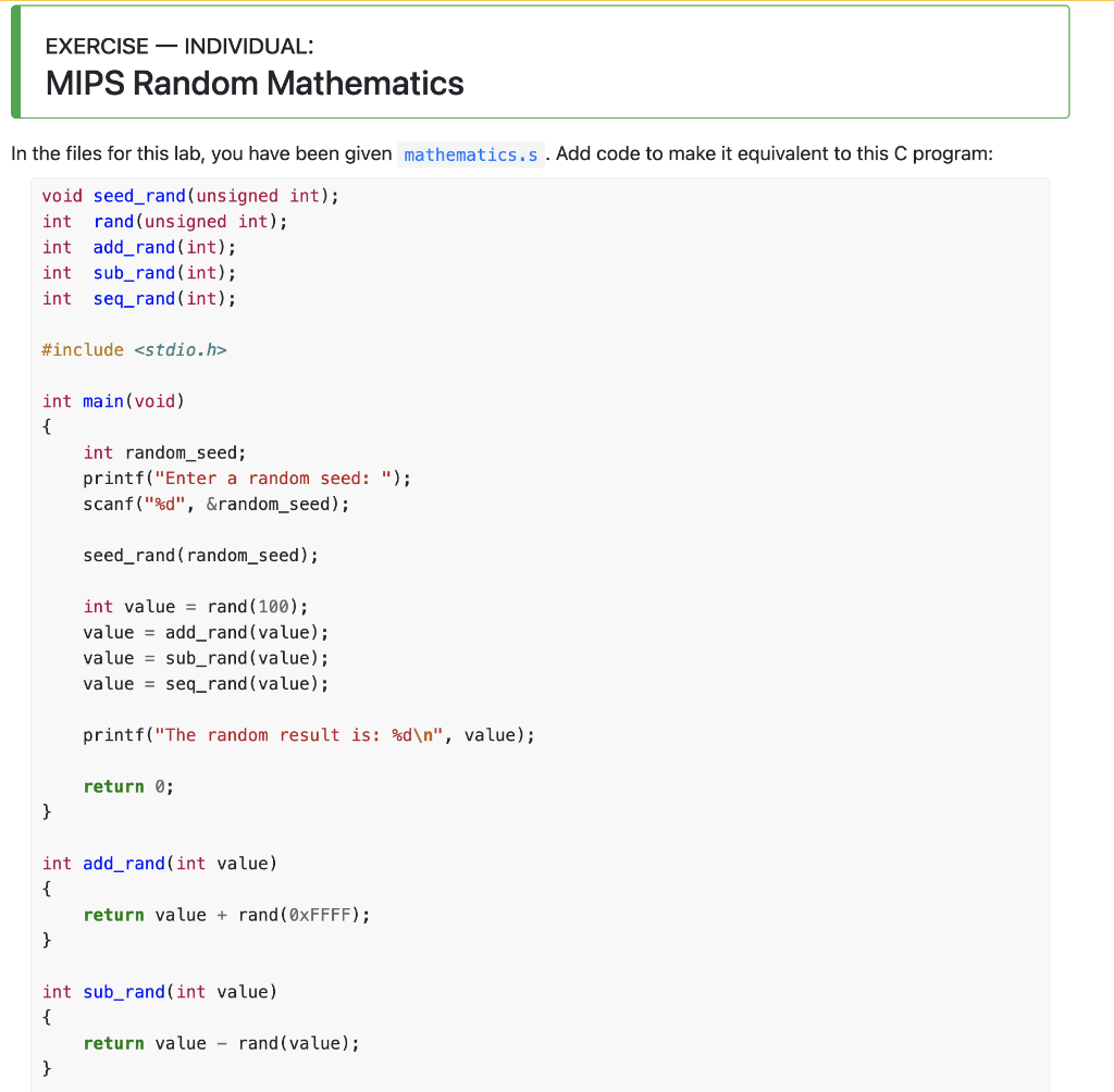 Solved EXERCISE - INDIVIDUAL: MIPS Random Mathematics n the | Chegg.com