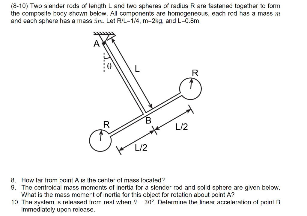 Solved (8-10) Two slender rods of length L and two spheres | Chegg.com