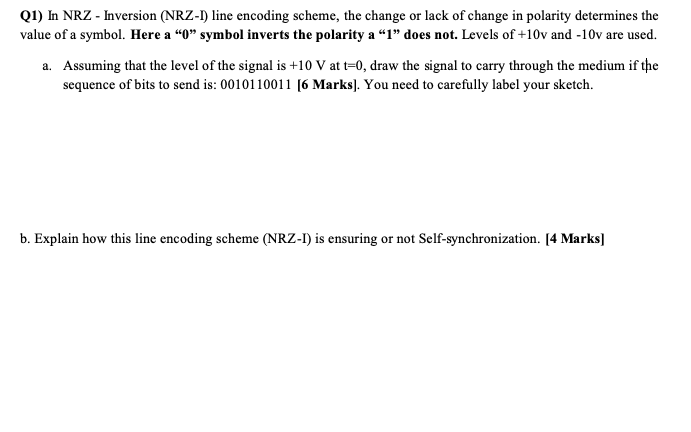 Solved 01) In NRZ - Inversion (NRZ-1) line encoding scheme, | Chegg.com