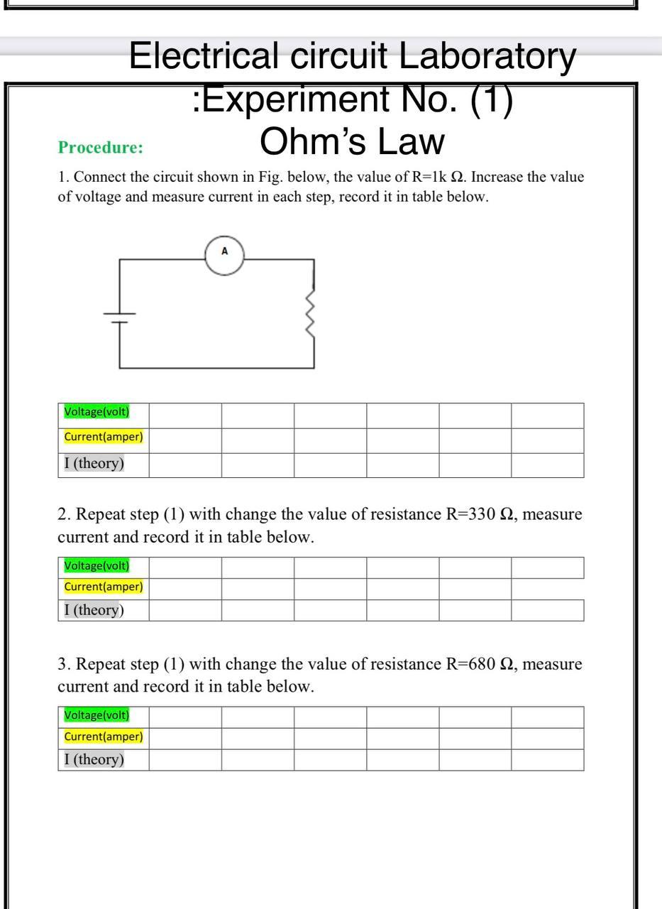 Solved Electrical circuit Laboratory :Experiment No. (1) | Chegg.com