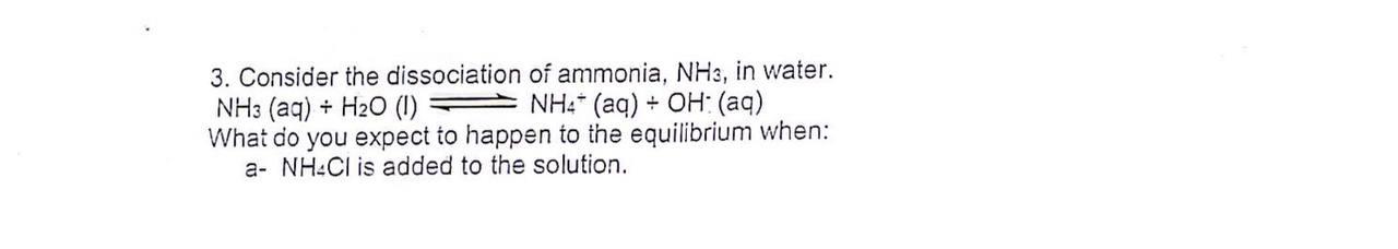 Solved 3. Consider the dissociation of ammonia, NH3, in | Chegg.com