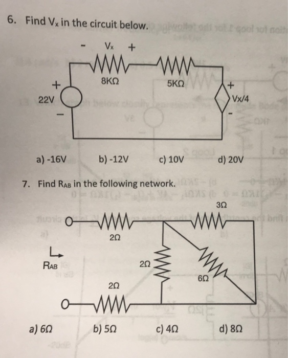 Solved 6. Find V in the circuit below. - Vx ΒΚΩ 5ΚΩ 22V Vx/4 | Chegg.com
