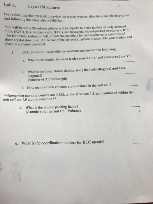 Solved Lab I. Crystal Structures or review, use the text | Chegg.com