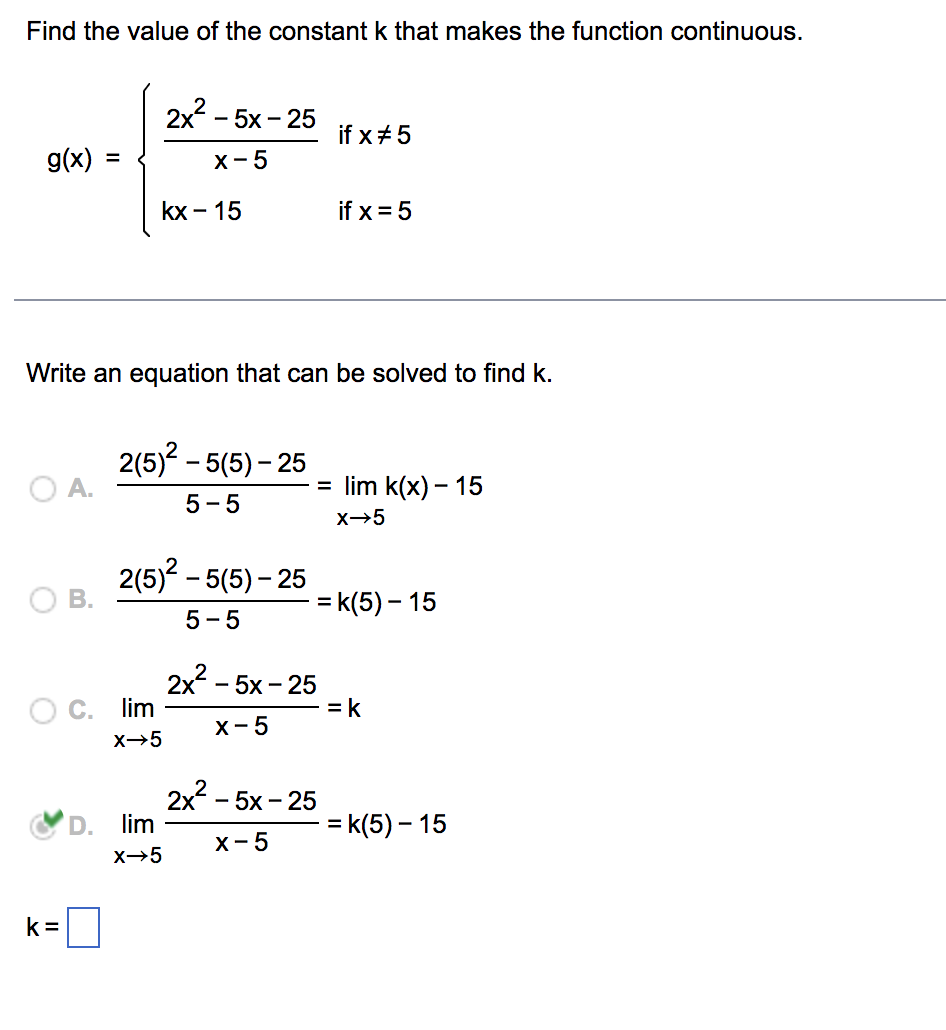 Solved Find The Value Of The Constant K That Makes The