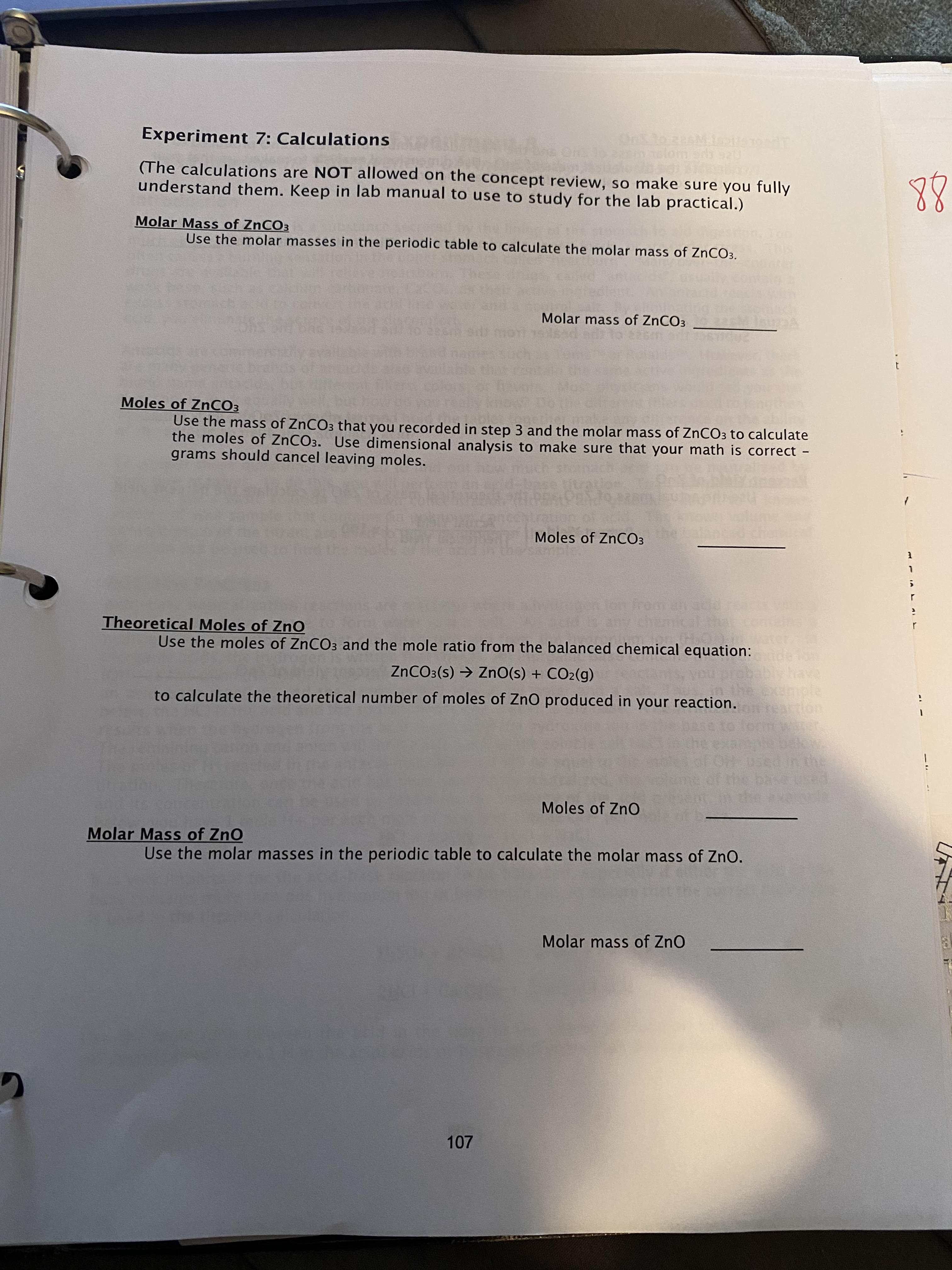 Solved Experiment 7: Calculations (The calculations are NOT | Chegg.com