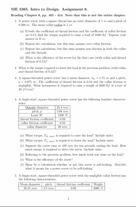 Solved ME 3365. Intro to Design. Assignment 8 Reading | Chegg.com