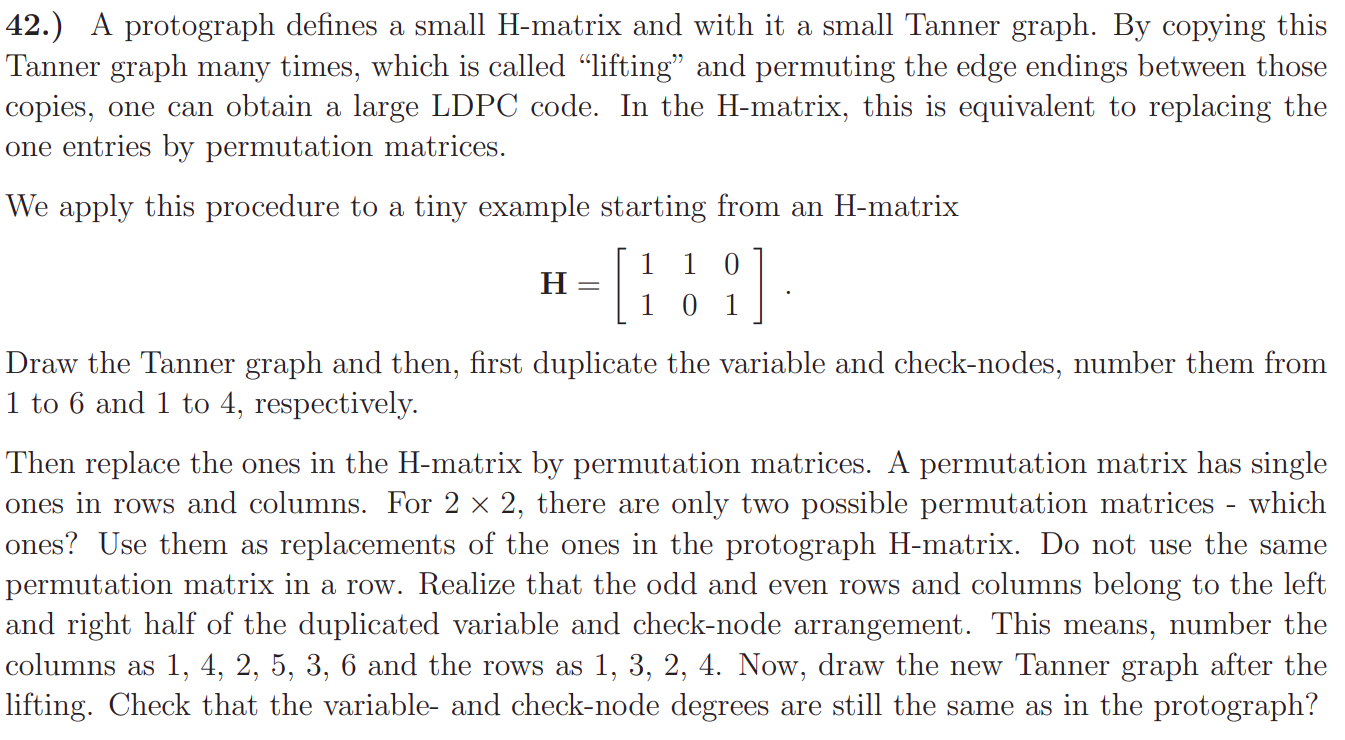 Solved 42.) A protograph defines a small H-matrix and with | Chegg.com