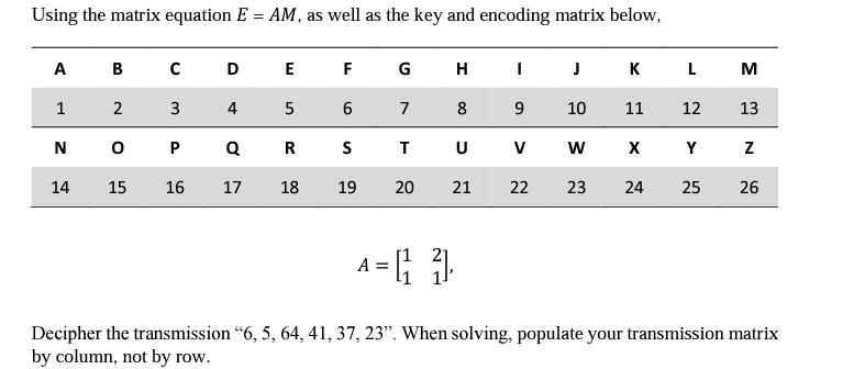 Solved Using the matrix equation E=AM, as well as the key | Chegg.com