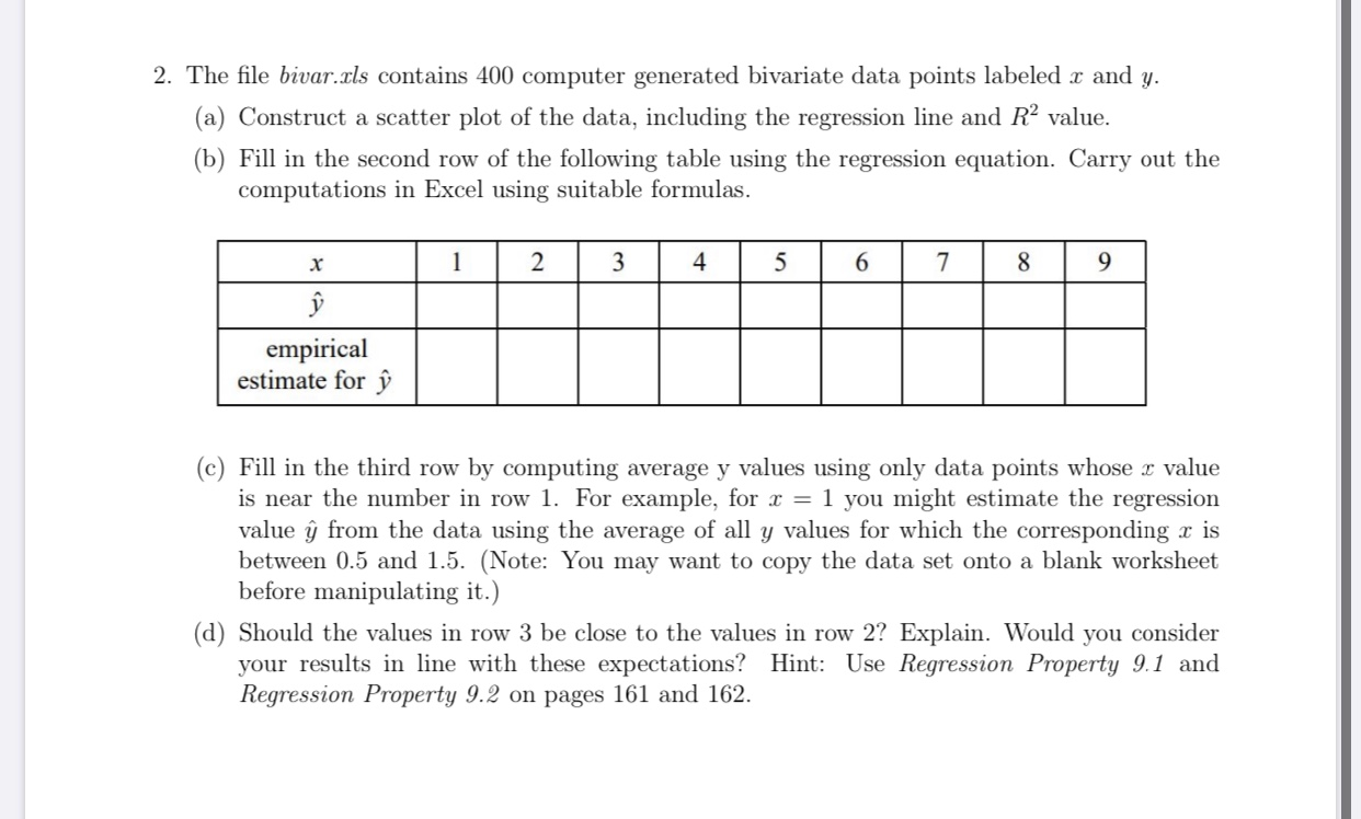 2. The file bivar.xls contains 400 computer generated | Chegg.com