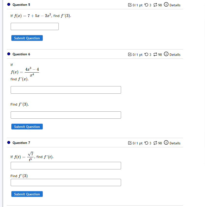 Solved Question 5 B0/1 pt 398 Details If f(x) = 7+ 5x – 2x², | Chegg.com Solved Question 5 B0/1 pt 398 Details If f(x) = 7+ 5x – 2x², | Chegg.com