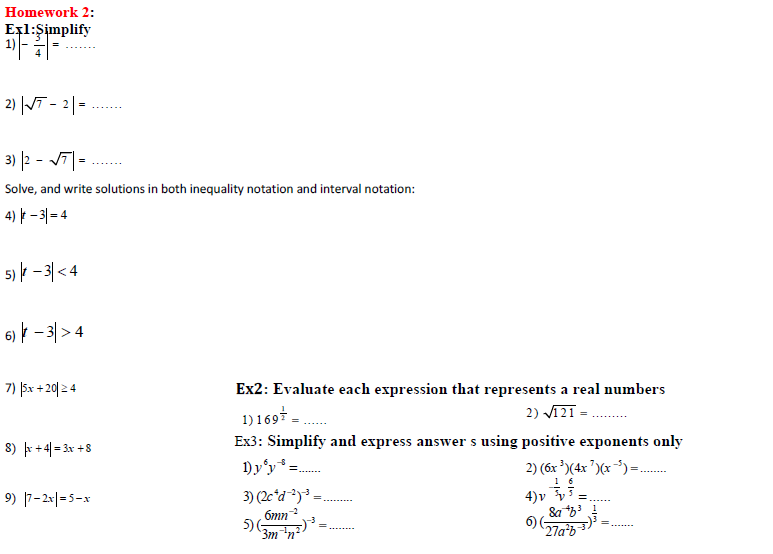 Solved Homework 2: Exl:Simplify 1) −43∣=…… 2) ∣7−2∣= 3) | Chegg.com
